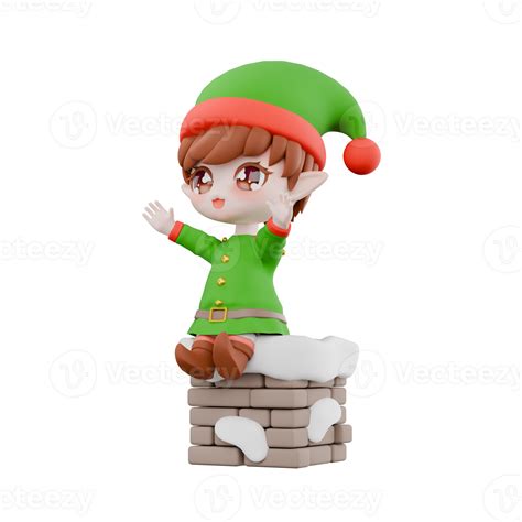 Chibi Elf Cartoon Christmas Model A Male Chibi Elf Sits On A Chimney