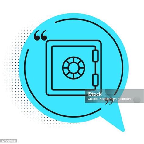 흰색 배경에 격리 된 블랙 라인 안전 아이콘 도어는 조합 잠금 장치가있는 은행 금고를 안전하게 보호합니다 신뢰할 수 있는 데이터 보호 파란색 음성 버블 기호입니다 벡터