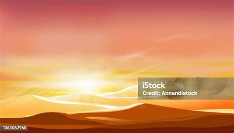 저녁에 는 오렌지 하늘이있는 사막 풍경의 일몰 아침에 일출과 아름다운 자연을 일러스트 이슬람에 대한 배너 배경 이드 무바라크에