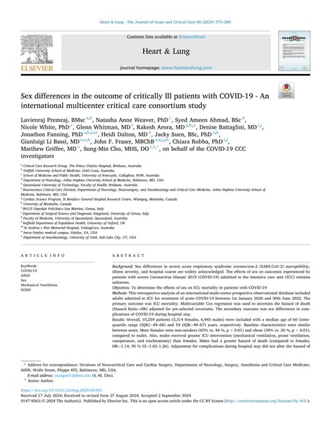 Pdf Sex Differences In The Outcome Of Critically Ill Patients With