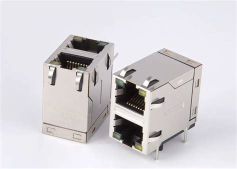 Stack Two Port 10 Pin 1000 Base Rj45 Jack Female Ethernet Connector