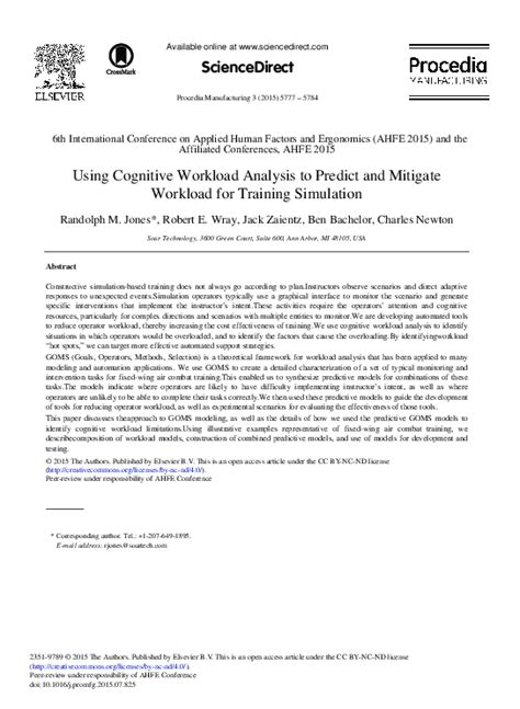 Pdf Using Cognitive Workload Analysis To Predict And Mitigate Workload For Training Simulation