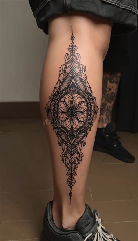 Illustration Of Intricate Black Ink Geometric Leg Tattoo Design