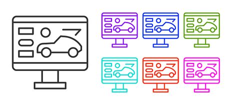흰색 배경에 격리 된 자동차 아이콘의 검은 줄 하드웨어 진단 조건입니다 자동차 서비스 및 수리 부품 다채로운 아이콘을 설정합니다