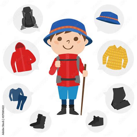 登山の服装を準備した男性のイラスト。ウィンドブレーカーなどの防寒ウェアも。 Stock ベクター Adobe Stock