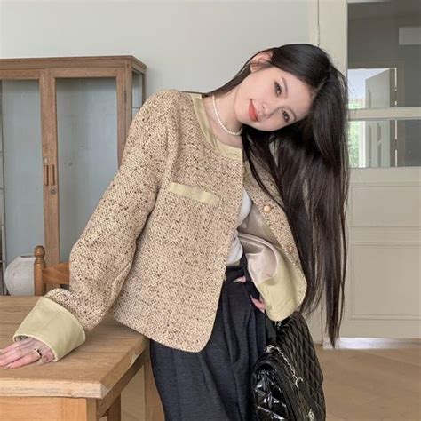라운드넥 트위드 자켓 오피스룩 예쁜 코디 데일리 데이트 캐주얼 가을 봄 겨울 점퍼 재킷 세미 정장 러블리