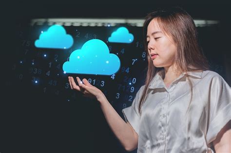 Premium Photo Businesswoman Holding Cloud Computing Icons Cloud Computing Concept Double Exposure