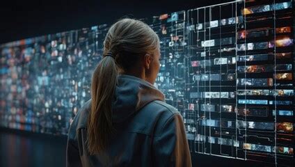 Backview Of Caucasian Woman Entering D Cyberspace With Animated Social Media Interfaces Online