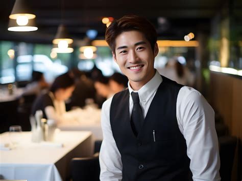 Premium Photo Smiling Young Asian Male Waiter