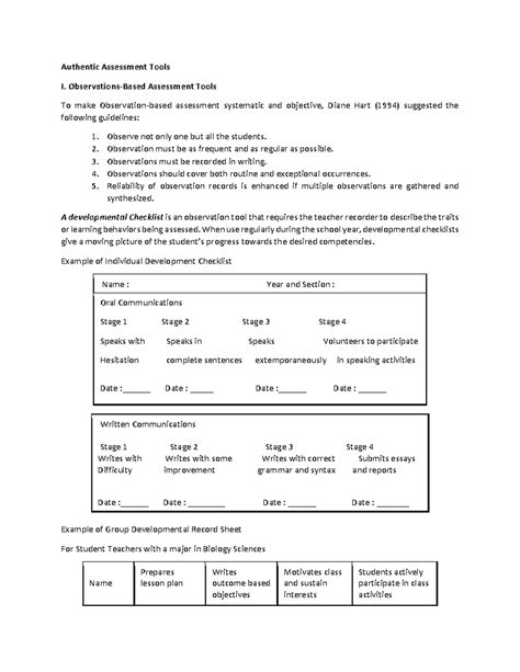 Authentic Assessment Tools Observations Based Assessment Tools To