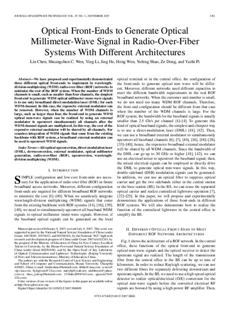 Pdf Optical Front Ends To Generate Optical Millimeter Wave Signal In Radio Over Fiber Systems