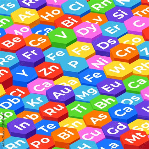 Chemical Elements In Hexagons Of Different Heights Isometric