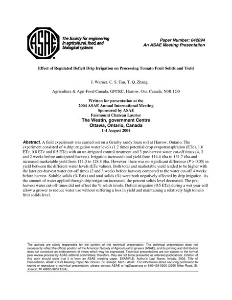 Pdf Effect Of Regulated Deficit Drip Irrigation On Processing Tomato