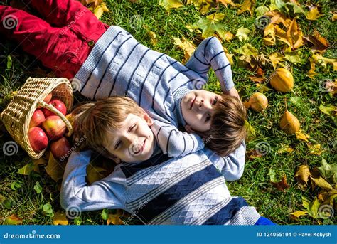Het Meisje En Twee Jongens Leggen Op Het Gras En Eten Appelen Stock Foto Image Of Appelen