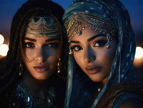 Deux Belles Jeunes Femmes Arabes Composent Le Motif Du D Sert De Bedduin Photo Premium