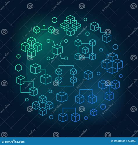 Blockchain Technology Vector Round Blue Outline Illustration Stock