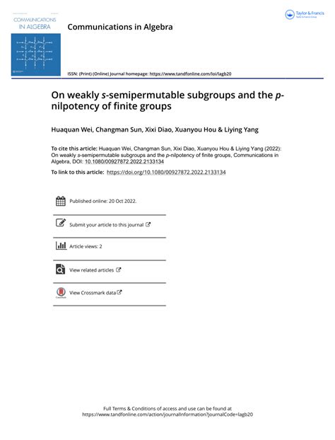 Pdf On Weakly S Semipermutable Subgroups And The P Nilpotency Of Finite Groups