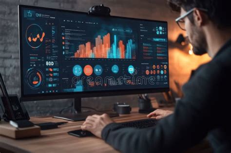Data Analyst Analyzes Visualizations On A Large Screen While Working In