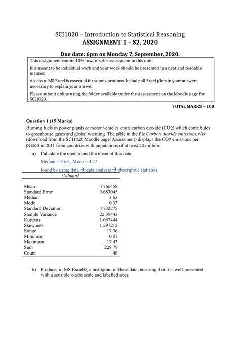 Assignment 1 2020 S2 Sci1020 Introduction To Statistical Reasoning Assignment 1 S2 2020