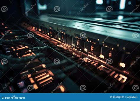 Close Up Of Storage Data Center Server Rack With Blinking Lights And Cables Stock Illustration