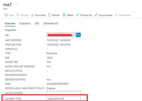 how to set content type of upload blob to storage container action in