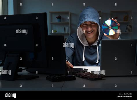 Hacker Hacking Computer At Night Stock Photo Alamy