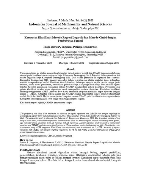 Chaid Vs Reglog Dgn Pembobotan Angk Kerja Unnes 2021 Pdf