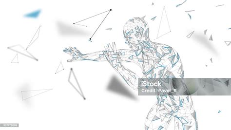 개념적 추상 남자는 두려움을 두려워 입자 삼각형 점 선 연결 인공 지능 개념입니다 첨단 기술 벡터 디지털 배경입니다 3d 렌더링 벡터 일러스트 레이 션 우울함에 대한 스톡