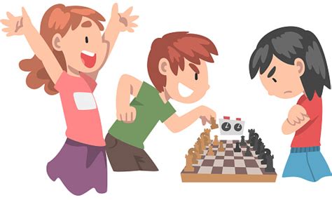 체스 게임을 하는 아이들 클럽이나 토너먼트에서 경쟁하는 아이들 레저 활동 두뇌 개발 컨셉 만화 스타일 벡터 일러스트레이션을 위한 로직 게임 널판지에 대한 스톡 벡터 아트 및