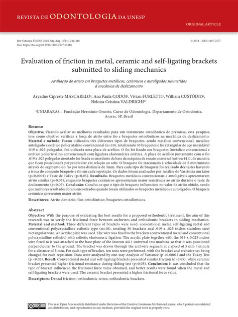 Evaluation Of Friction In Metal Ceramic And Self Ligating Brackets Pdf Materiais