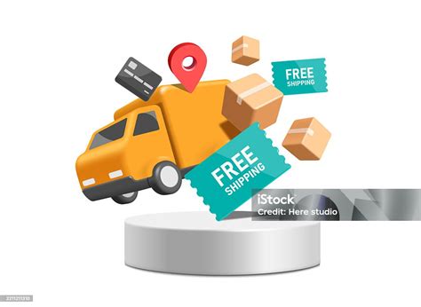 노란색 컨테이너 트럭은 고객이 신용 카드로 지불하고 무료 배송 벡터 3d로 프로모션을받은 후 소포 상자 또는 골판지 상자에 포장