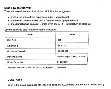 Solved Break Even Analysis There Are Several Formulas That Chegg Com