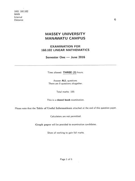 160102 Linear Mathematics Massey Exam S1 2016 Pdf