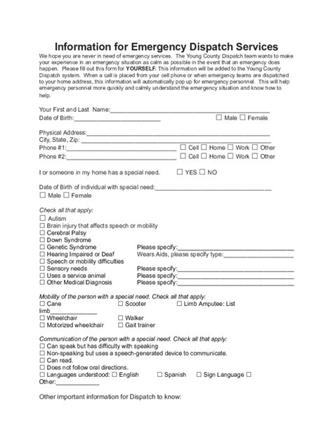 Fillable Online Information For Emergency Dispatch Services Fax Email