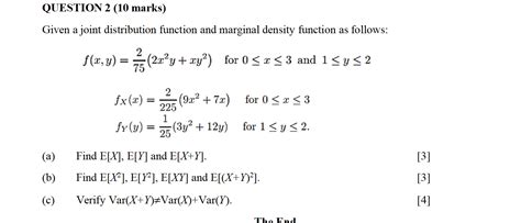 Question 2 10 Marksgiven A Joint Distribution Function And Marginal De