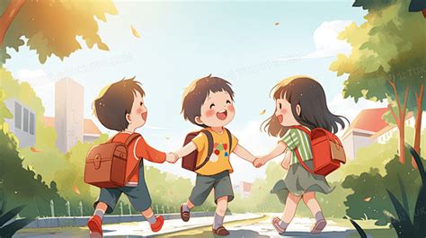 开学季卡通小学生手牵手一起上学插画