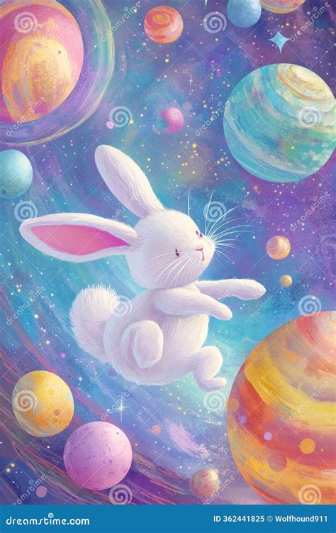 A Playful Easter Bunny Floating In Space Bouncing Between Colorful Easter Egg Shaped Planets In