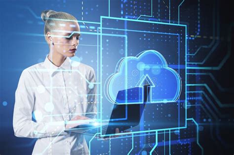 Young European Businesswoman Using Laptop With Glowing Circuit Cloud Computing Hologram On