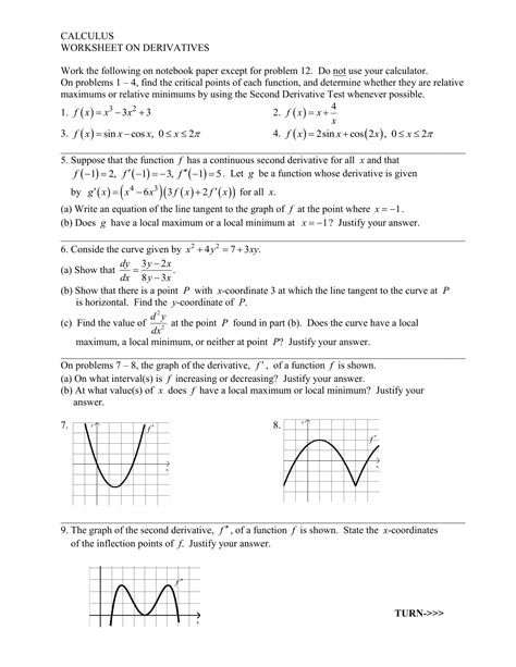 Homework 2nd Derivative Test With Answers