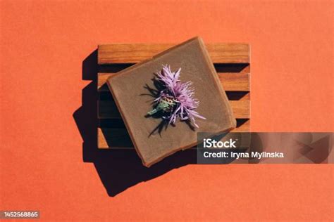 붉은 갈색 배경 위에 나무 비누 접시에 향기로운 허브가 있는 수제 비건 비누 바 집에서 천연 성분으로 허브 비누 만들기 평면도 플랫 레이 스타일 0명에 대한 스톡 사진 및