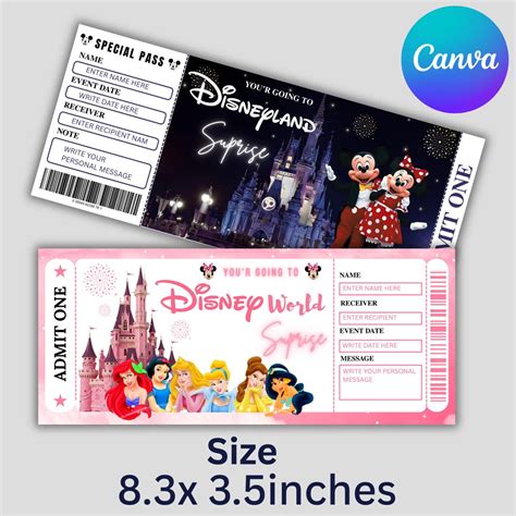 2 Editable Disneyland Ticket Canva Template Surprise Reveal Editable