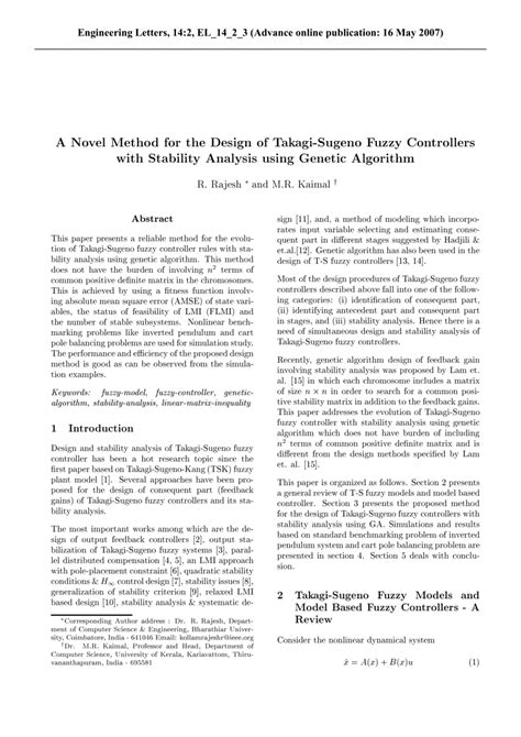 Pdf A Novel Method For The Design Of Takagi Sugeno Fuzzy Controllers