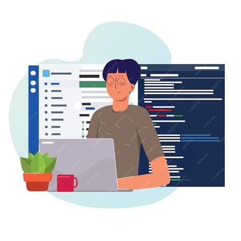 Premium Vector Programmer Working Writing Code On Laptop With Line Of Code Programming