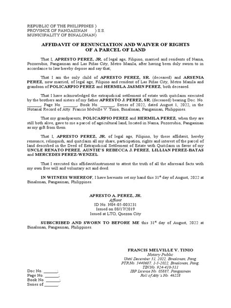 Affidavit Of Renunciation And Waiver Of Rights Pdf Affidavit Property Law