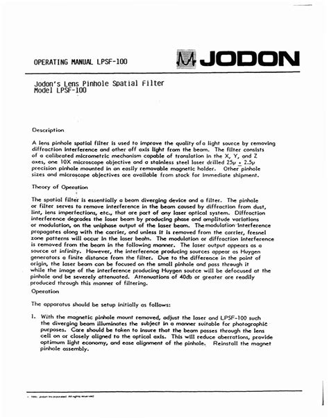 Jodons Lens Pinhole Spatial Filter Model Lpsf 100 Docslib