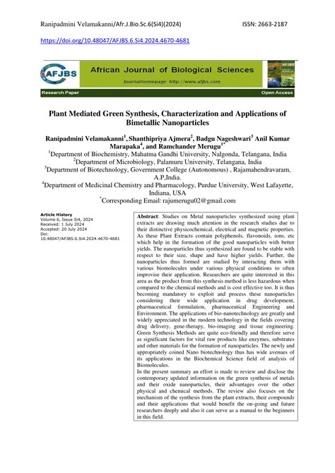 Pdf Plant Mediated Green Synthesis Characterization And Applications Of Bimetallic Nanoparticles