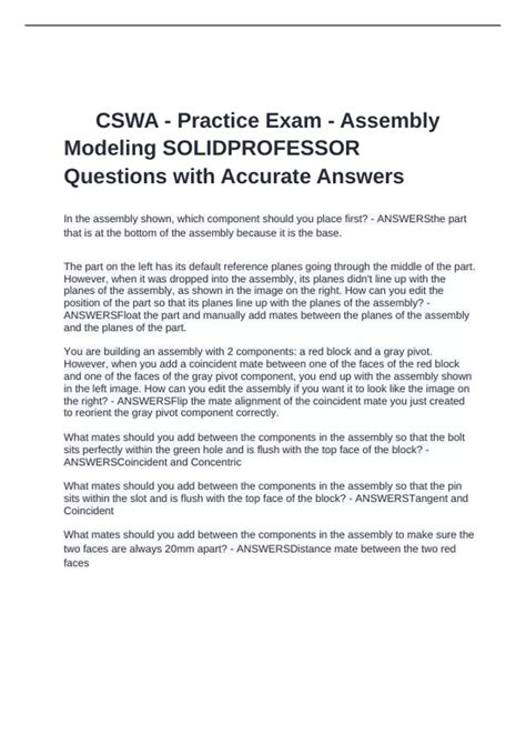 Cswa Practice Exam Assembly Modeling Solidprofessor Questions With Accurate Answers Cswa