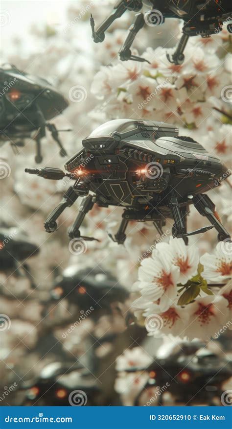 A Swarm Of Futuristic Drones Flying Amidst Blossoming Cherry Trees In A