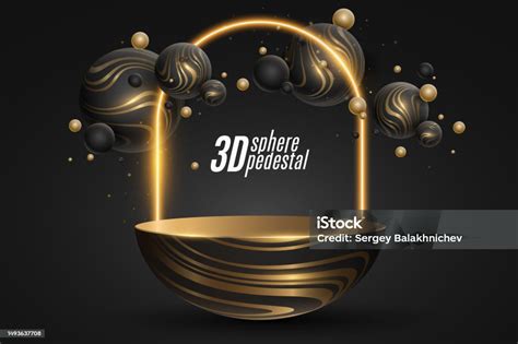 황금 줄무늬 패턴으로 질감이 있는 역동적인 3d 구체가 있는 세련되고 우아한 연단 마법의 가루로 빛나는 반짝이는 네온 아크 제품을 선보일 수 있는 고급 거품이 있는 플랫폼