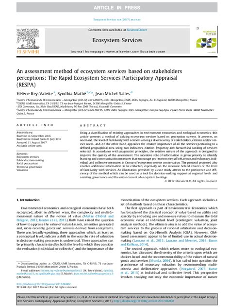 Pdf An Assessment Method Of Ecosystem Services Based On Stakeholders Perceptions The Rapid